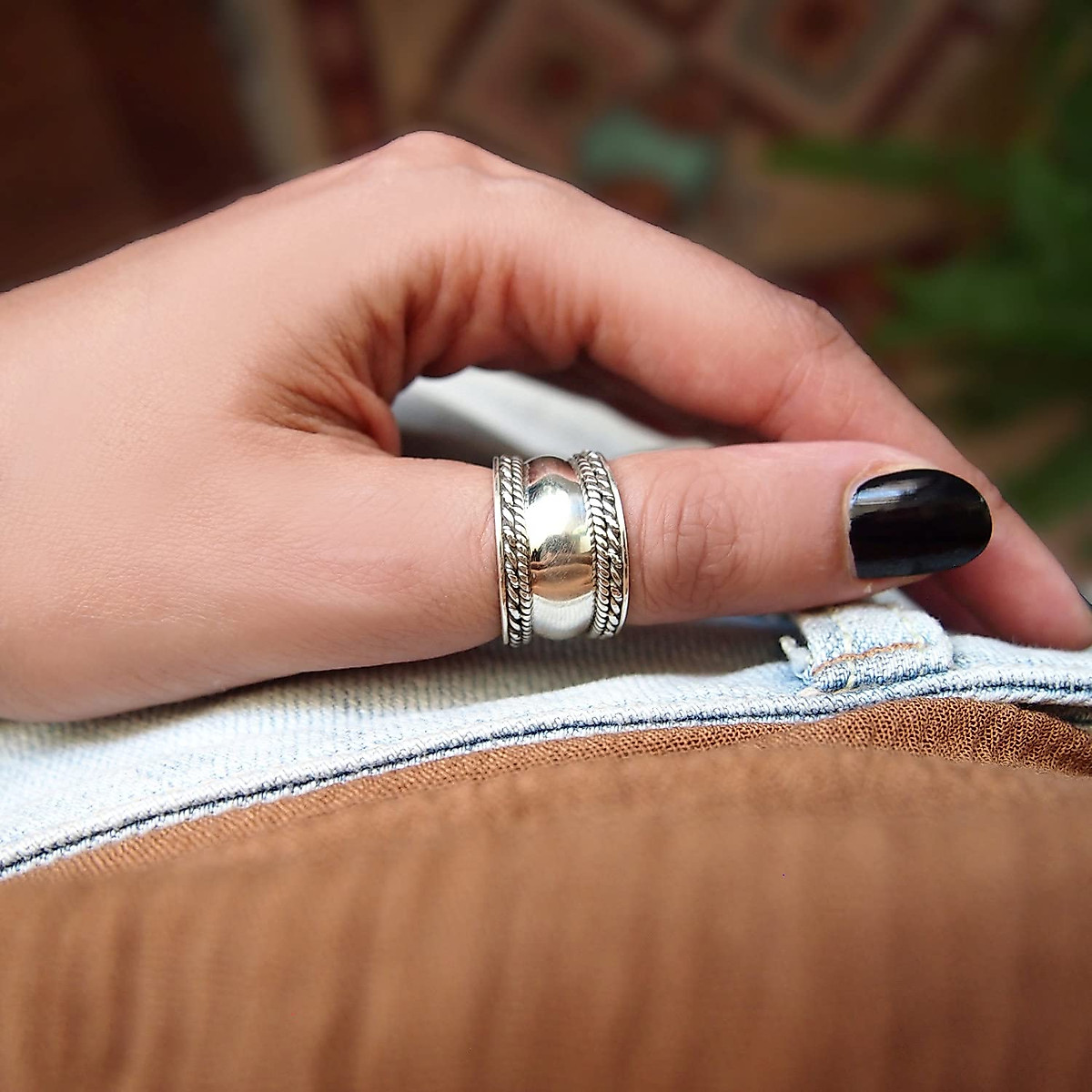 Boho-Magic 925 Sterling Silver Boho Rings for Women, Wide Band Thumb Ring, Adjustable (9)