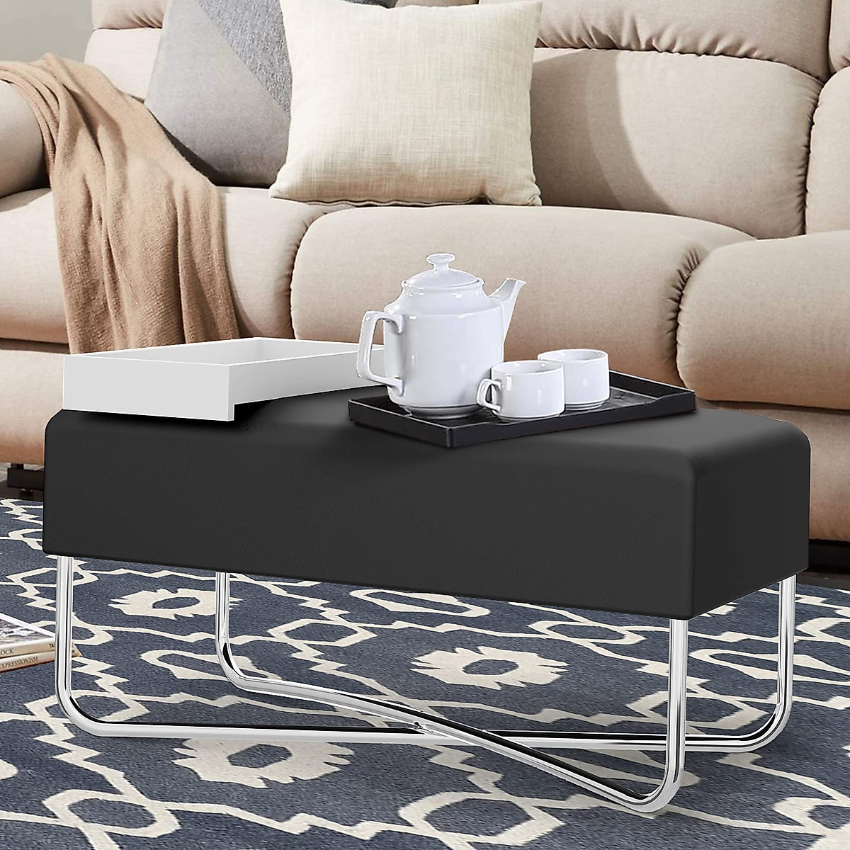 The Urban Port Pouffe with Rectangular Fabric Seat and Inbuilt Wooden Tray