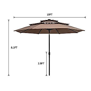 outdoor basic 10Ft 3 Tiers Vented Patio Umbrella Market Table Umbrella with Lights and Crank Handle with Auto-tilt Mechanism Coffee