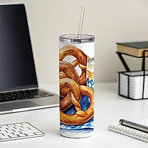 Oktoberfest German Pretzels Watercolor Skinny Tumbler 20oz with Straw Insulated Water Bottle Gift