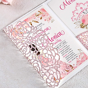DreamBuilt 4.7x7 inch 50PCS Blank Rose Gold Glitter Quinceanera Invitations Kit, Laser Cut Hollow Rose Quinceanera Invitation Cards with Envelopes