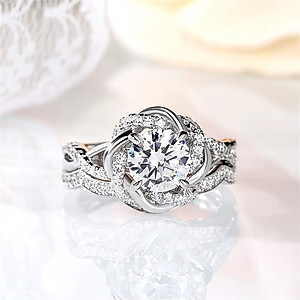 Jeulia 2.5 Carat Halo Solitaire Engagement Rings Women 925 Sterling Silver Floral Flower Rings White Diamond Eternity Band Ring Round Cut Bridal Ring Set Anniversary Promise Rings for Her