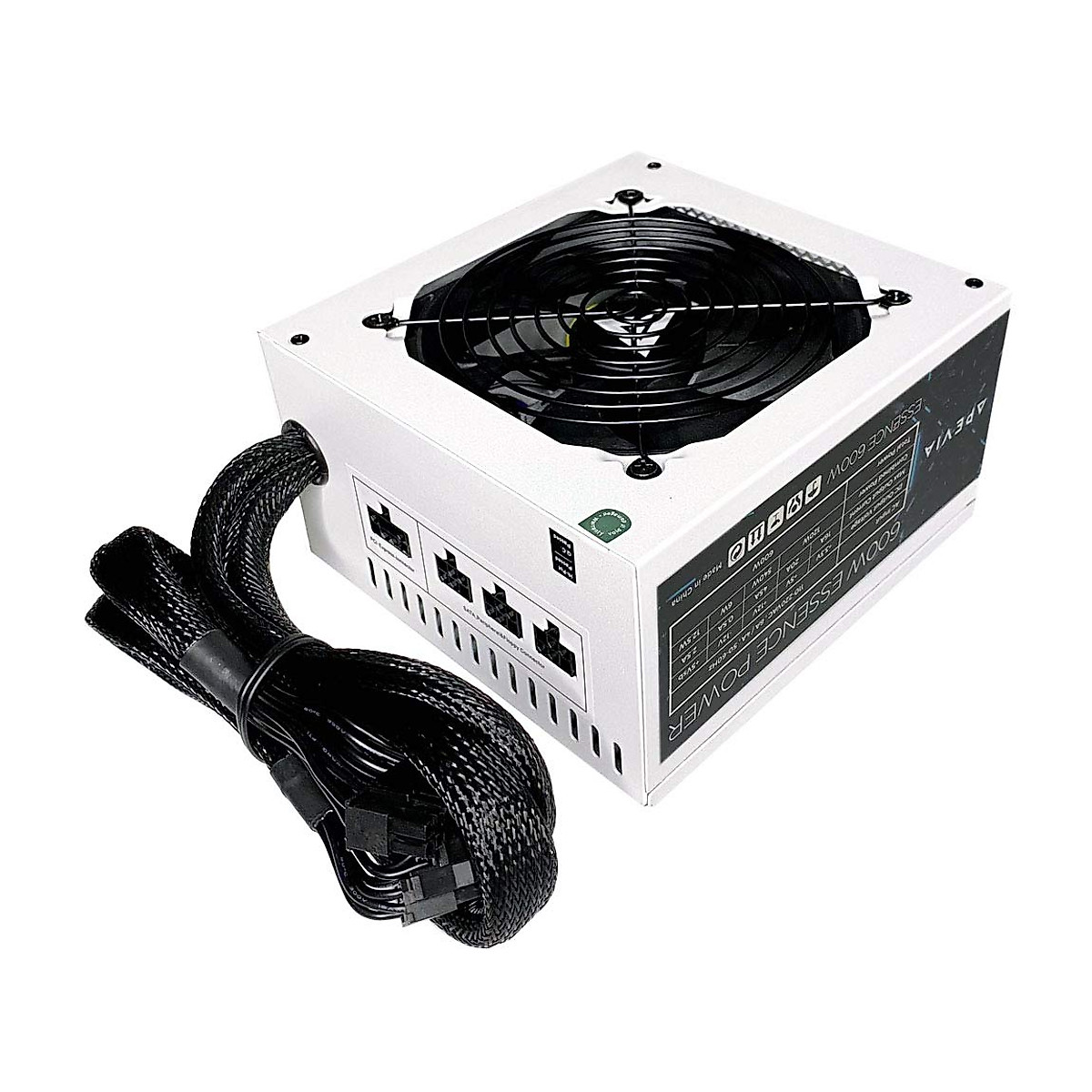Apevia ATX-ES600-WH Essence 600W ATX Semi-Modular Gaming Power Supply with Auto-Thermally Controlled 120mm Black Fan, 115/230V Switch, All Protections, White Casing