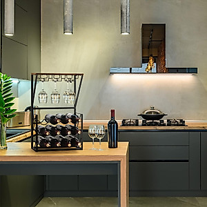 LIANTRAL 3 Tier Wine Rack, Hold 12 Bottles and 8 Wine Glass Rack Wine Holder, Freestanding Wine Rack for Home, Kitchen, Bar, Wine Cellar, Cabinet