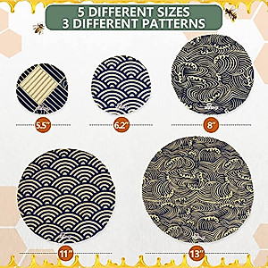 Li'l Things Eco-friendly Beeswax Bowl Covers | Improved Beeswax Coating | Elastic Food Storage Covers | Reusable Lids For Food, Fruits and Leftover | 5 Sizes | 3 Different Themes | Japanese Waves