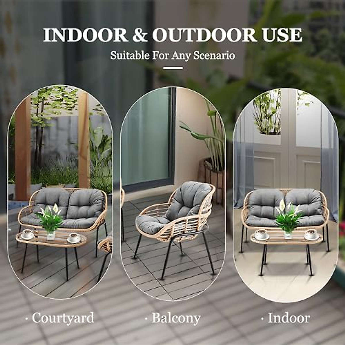 Urban Home Furniture Belize 4-Piece PE Natural Rattan Outdoor Conversation Set, 2 Single Chairs with Cushions, Loveseat with Cushions, Coffee Table with Glass Top, with Grey Cushions