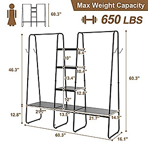 HABUTWAY Clothing Garment Rack with 6 Wooden Storage Shelves Dress Racks for Hanging Garment Max Load 650LBS Capacity Metal Frame (BLACK)