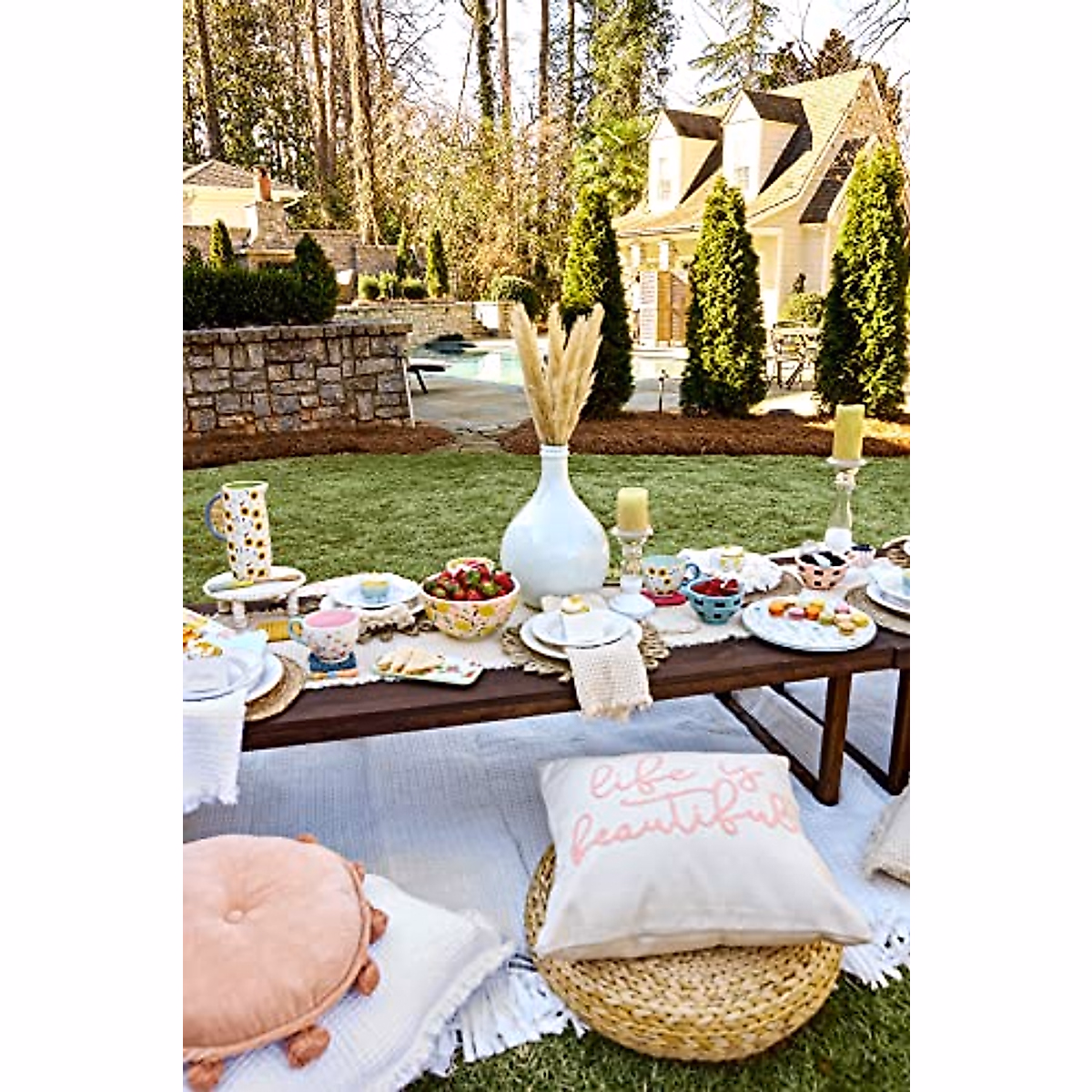 Mud Pie Color Sentiment Dhurrie Pillow, 22" x 22", Life is Beautiful