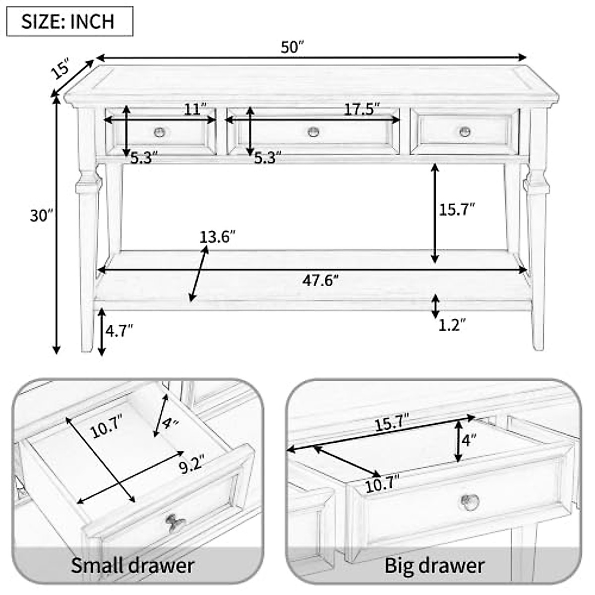 THINK 30 Retro Wooden Console Table, Classic 50" Console Table with 3 Drawers and Bottom Shelf, Entryway Table for Living Room, Entryway, Hallway (Espresso)