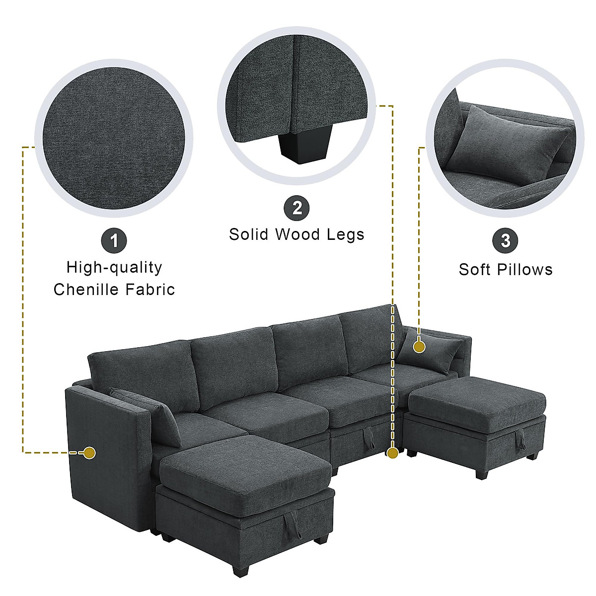Ucloveria Chenille Modular Sectional, U Shaped Couch with Adjustable Armrests and Backrests,6 Reversible Sofa Bed with Storage Seats for Living Room, Apartment,Grey, Grey-109