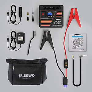JF.EGWO 2000A Car Jump Starter with Air Compressor, 22000mAh Battery Booster (Up to 8.5L Gas or 8.0L Diesel Engine) &150 PSI Tire Inflator, Built-in 2 USB Ports and 2 LED Light