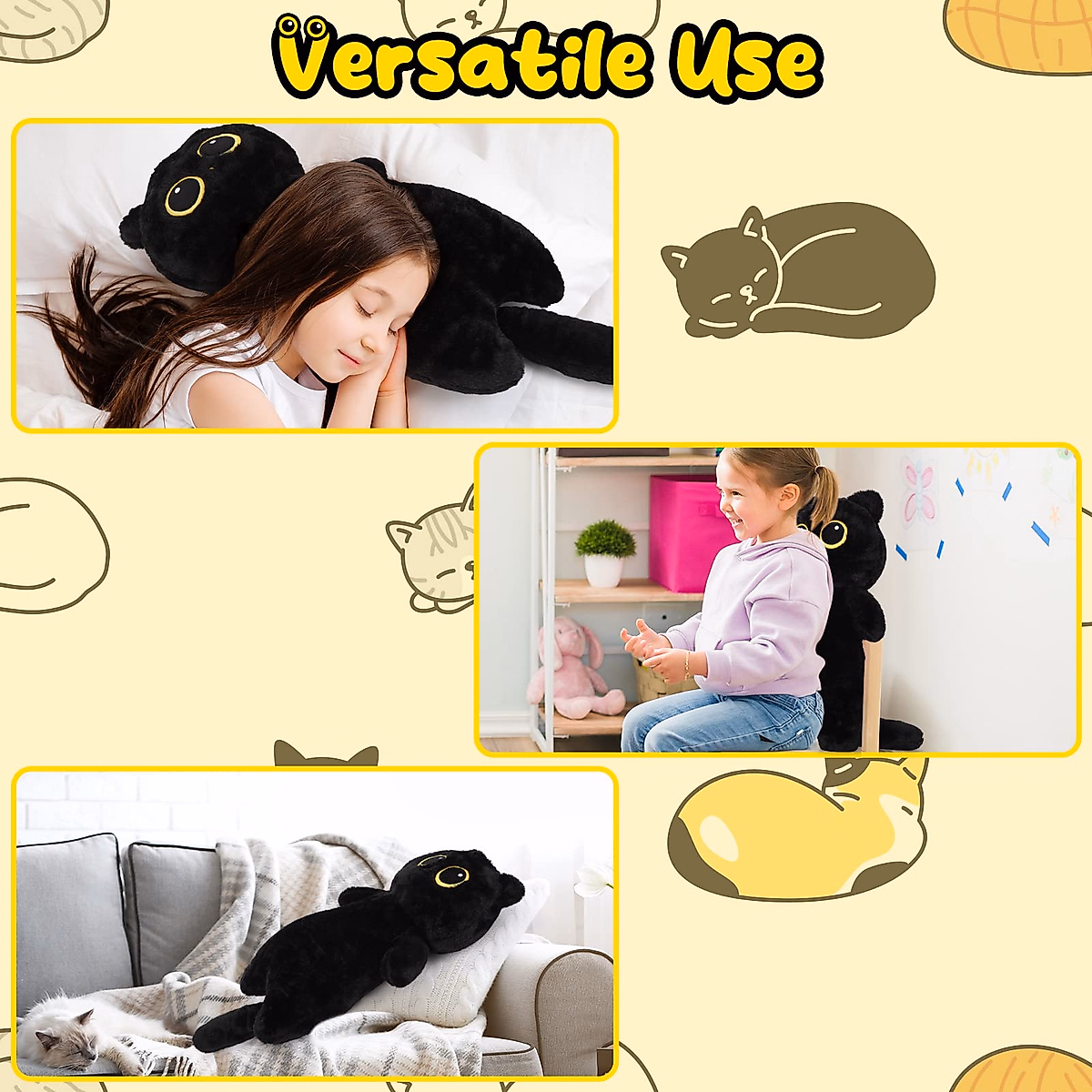 CottonStar Cat Plush Body Pillow, Cute Black Stuffed Animals Big Eyes Soft Plushies Doll Toys (Classic-unweighted)