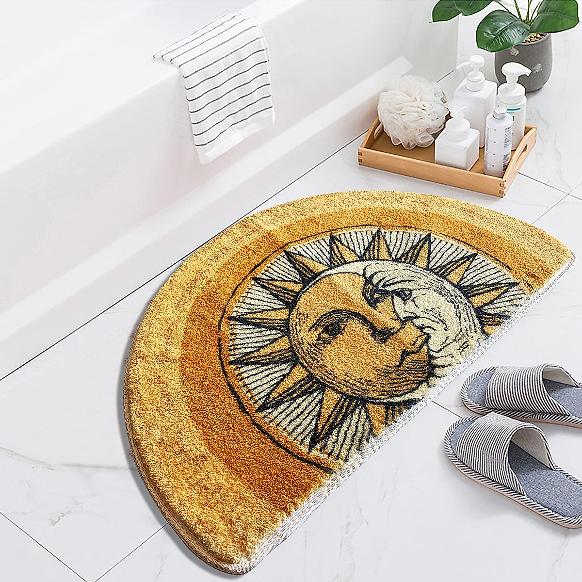 WERGHJ Half Round Door Mat,Semi Circle Bathroom Floor Rug,Tarot Sun Moon Rug,Non-Slip Welcome Entrance Way Rug,Absorbent Bath Mat,Microfiber Tufted Indoor Rug for Kitchen Living Room