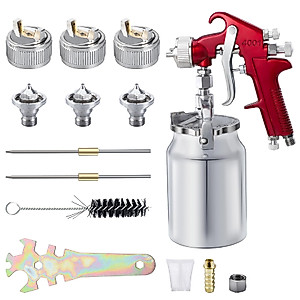 CarBole Suction Paint Sprayer Gun - 1000cc Capacity Cup with 1.3mm 1.7mm 2.0mm Nozzles Professional Air Spray System for Car Furniture Fence Wall (Red)