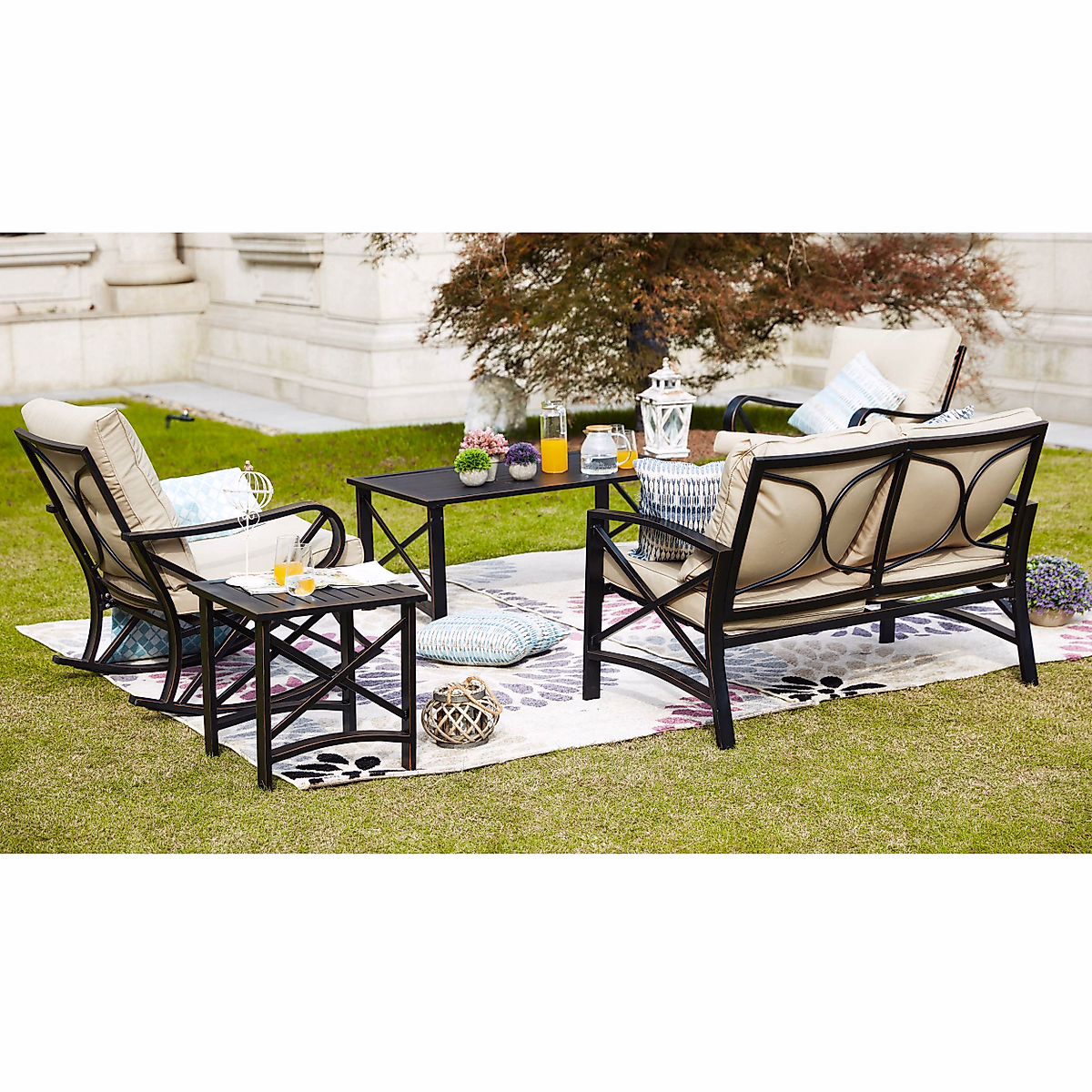 LOKATSE HOME 5Pcs Patio Furniture Conversation Bistro Sets Loveseat and 2 Coffee Table, Khaki