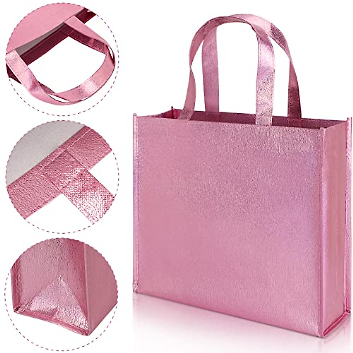 PHOGARY 12 Large Gift Bags with Handles (Pink), Stylish Tote Bags for Birthday Wedding Party Favor Christmas Present Wrap, Reusable Glossy Grocery Bags, non-woven fabric
