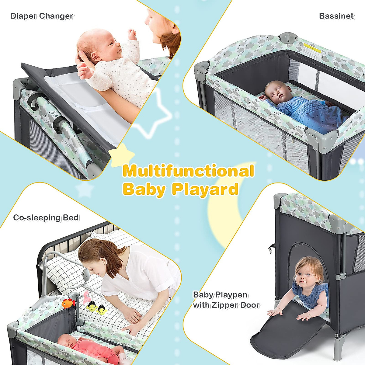 HONEY JOY Pack and Play with Bassinet, 5-in-1 Baby Bedside Sleeper w/Diaper Changing Table & Storage Bag, Toy Arch & Music Box, Detachable Side Rail, Portable Baby Play Yard w/Carry Bag(Gray)