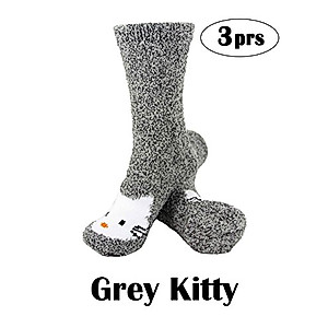 BambooMN Kitty Hello Socks For Women, Non-Slip Warm Fuzzy Crew Socks, Christmas Kitty Stocking Stuffer, gray, 3 pair