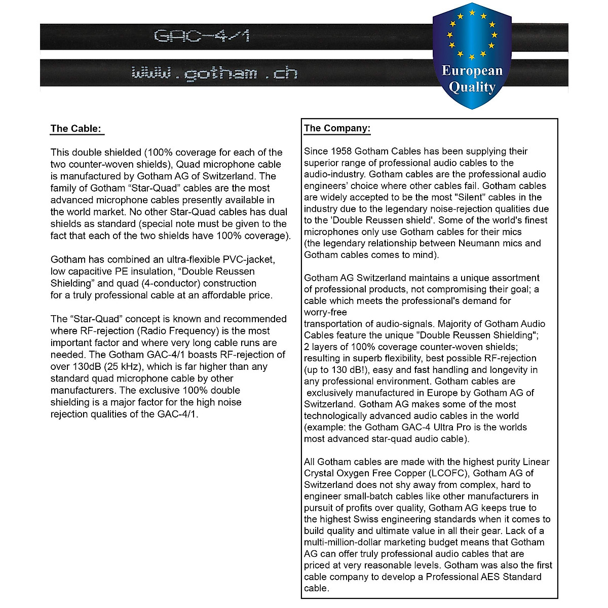 20 Foot RCA Cable Pair - Gotham GAC-4/1 (Black) Star-Quad Audio Interconnect Cable with Amphenol ACPR Die-Cast, Gold Plated RCA Connectors - Directional