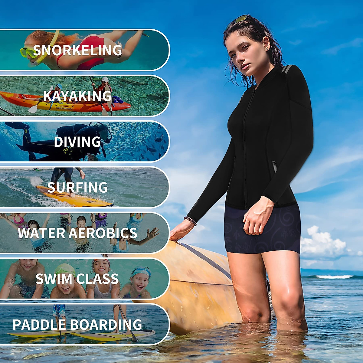 CtriLady Wetsuit Top, Women’s Wetsuit Long Sleeve Jacket Neoprene 2mm Wetsuits with 2 Zipper Pockets for Swimming, Diving, Surfing and Boating (Black, S)