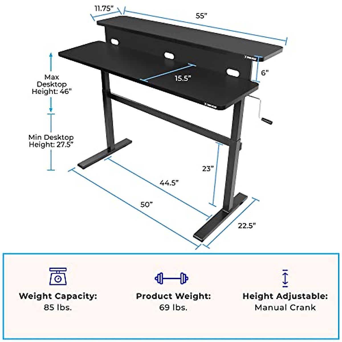 Stand Steady Tranzendesk | 55 Inch Dual Level Standing Desk with Shelf | Easy Crank Height Adjustable Sit to Stand Desk | Stand Up Workstation with Monitor Riser for Home & Office (55in / Black)