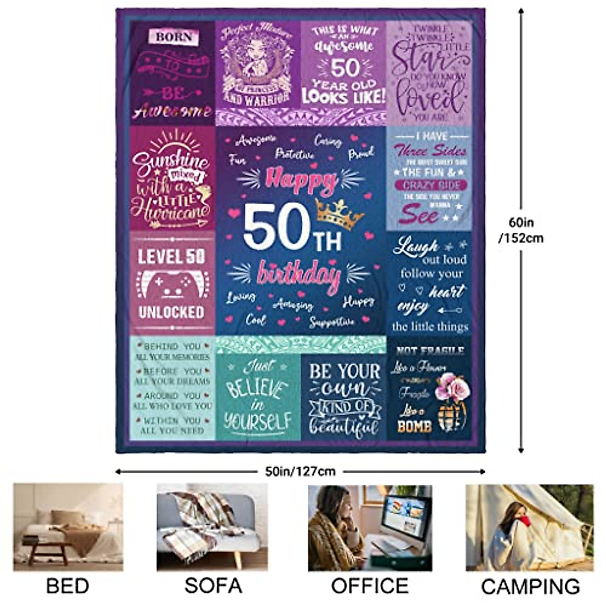 50th Birthday Gifts For Women 50"x60" Blanket, 50th Birthday Gift Ideas, 50 Birthday Gifts For Women, 50 Year Old Gifts For Women, 50th Birthday Decorations Women, 50th Bday Gifts Women Throw Blankets
