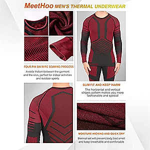 MeetHoo Men's Thermal Underwear Set Seamless Compression Base Layer Winter Gear Sports Long Johns Bottoms, Red, Large