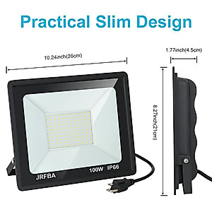 JRBFA 100W LED Flood Lights Outdoor, 10000lm LED Work Light with Plug, 6500K Daylight White, IP66 Waterproof Exterior Security Lights Outside Floodlights for Backyard, Garage, Garden, Lawn