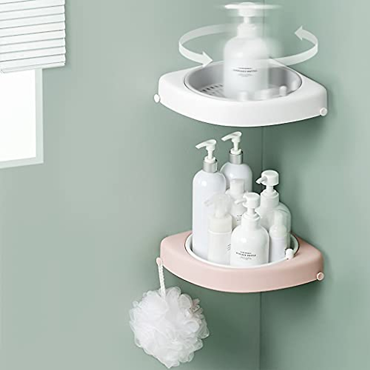 Wall-Mount Bathroom Rotating Shelf Corner Shower Rack Hooks Adhesive Organizer Adhesive Punch-Free Organizer