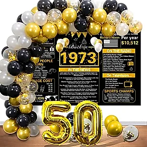 Crenics Black Gold 50th Birthday Party Decorations - Vintage Back in 1973 Birthday Banner, Balloon Arch Garland and Number 50 Balloon for Men Women 50 Birthday Wedding Anniversary Party Supplies