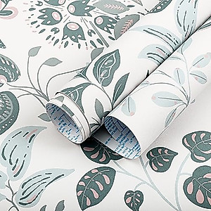 Vinjiasin Peel and Stick Wallpaper Floral Wallpaper Self Adhesive Removable 16.1"x 197" Contact Paper Boho Flower Leaf Wall Paper for Walls Furniture Creamy White/Green