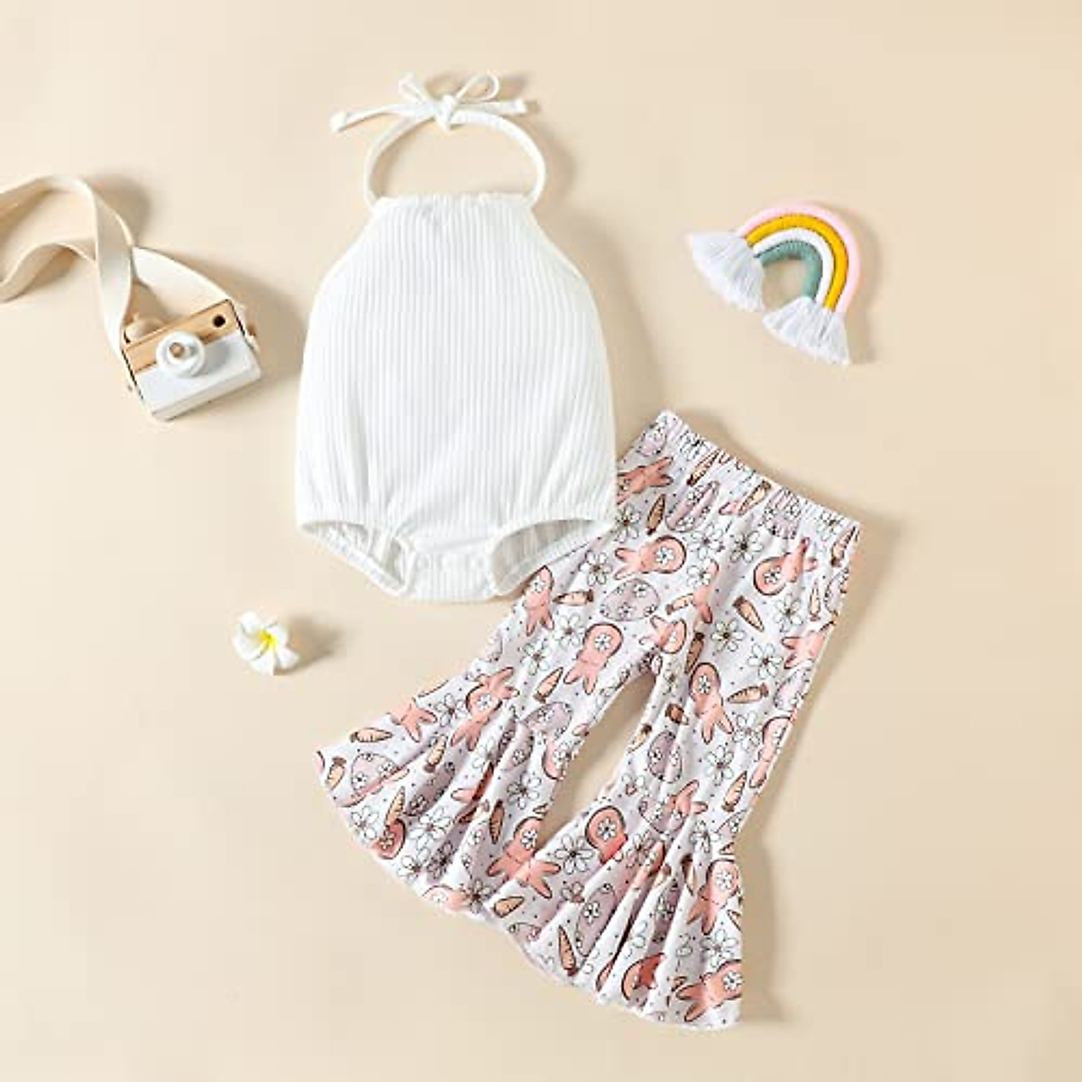 YOKJZJD Infant Baby Girl Easter Outfit Knitted Sleeveless Romper T-Shirt Tops Bunny Bell Bottom Pants Set Summer Clothes (White, 6-12 Months)