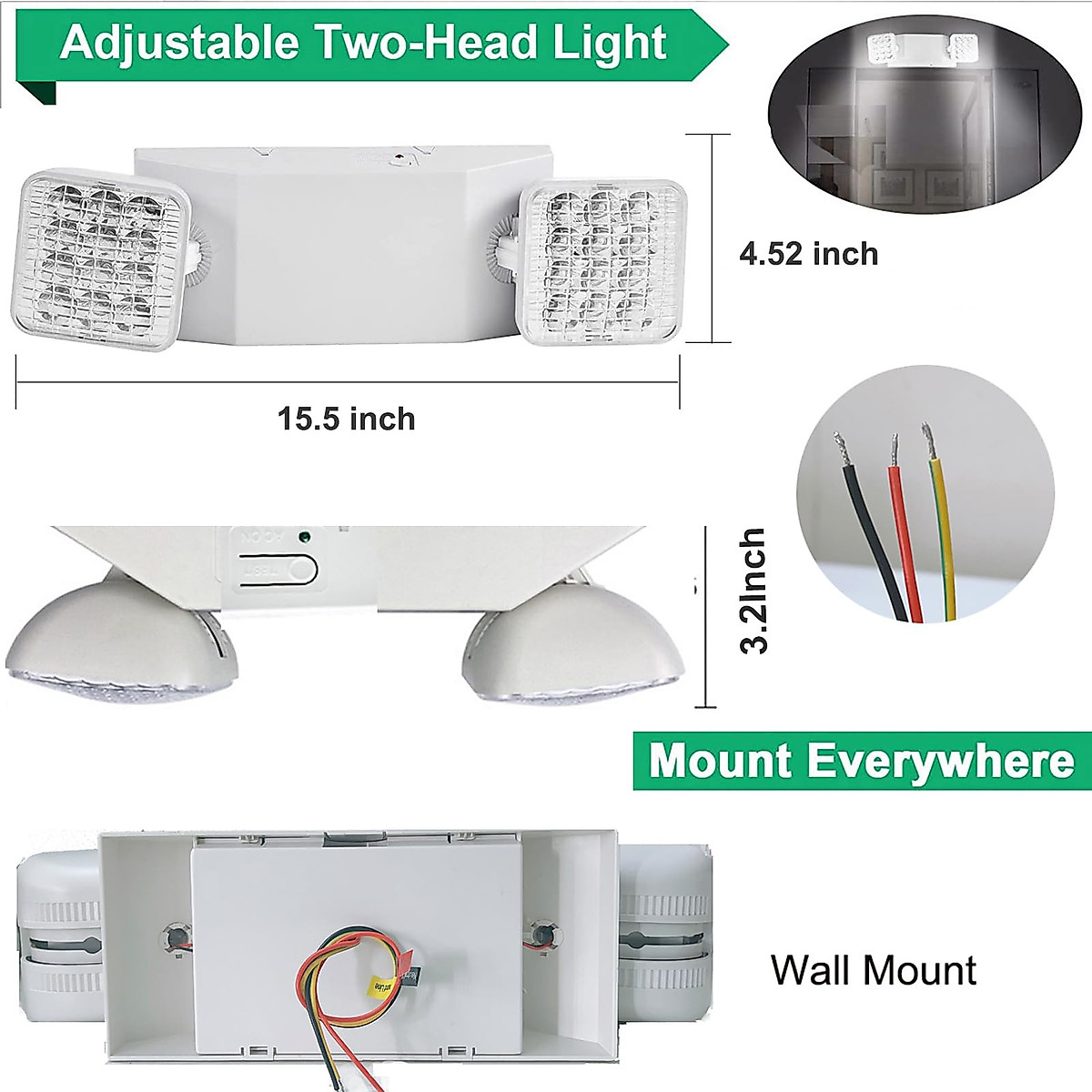 10 Pack Led Emergency Lights with Battery Backup, Commercial Emergency Light Fixture, Adjustable Dual Head Emergency Light for Business, Emergency Lighting for Home Power Failure, AC120V/277V
