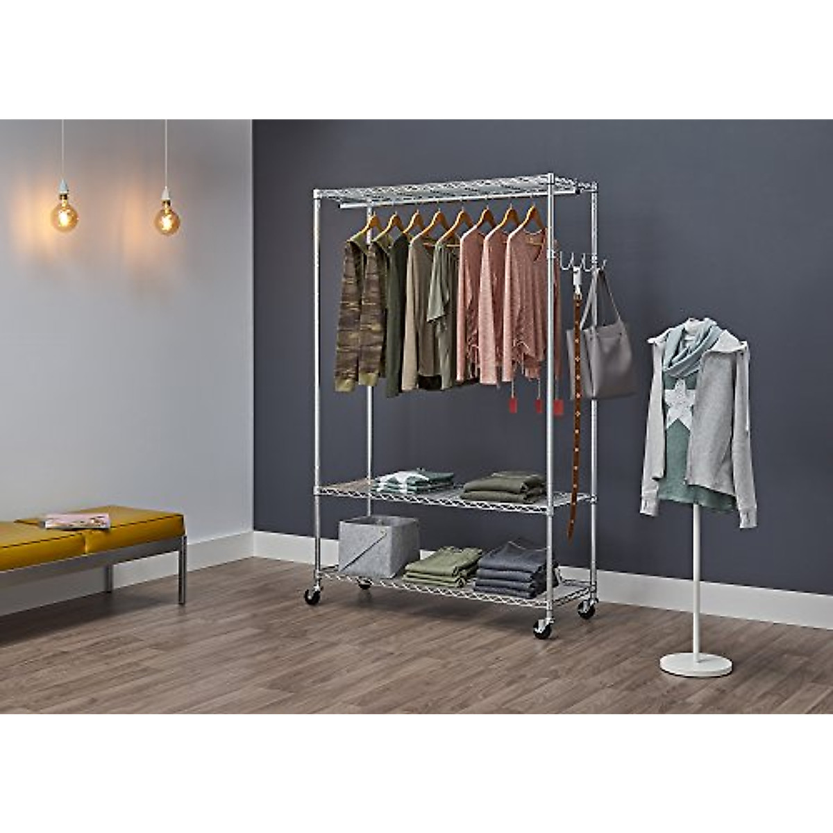 TRINITY EcoStorage Rolling Garment Rack with Shelves Hooks for Clothing Storage for Bedroom, Closet Organization, Entryway, and More, Chrome, 48” W x 18” D x 75.7” H