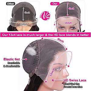 Pizazz 13x4 Human Hair Lace Front Wigs for Black Women Glueless 180 Density HD Transparent Deep Wave Frontal wig with Baby Hair Pre Plucked Bleached Knots(14 Inch, Black color)