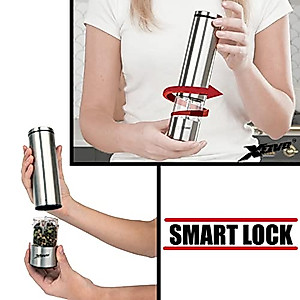 XOVO Electric Salt & Pepper Grinder Set - Battery Operated Stainless Steel Mill With LED Lighting - Electronic Adjustable Shakers - Ceramic Grinders - One Handed Automatic Operation - 2 Pack