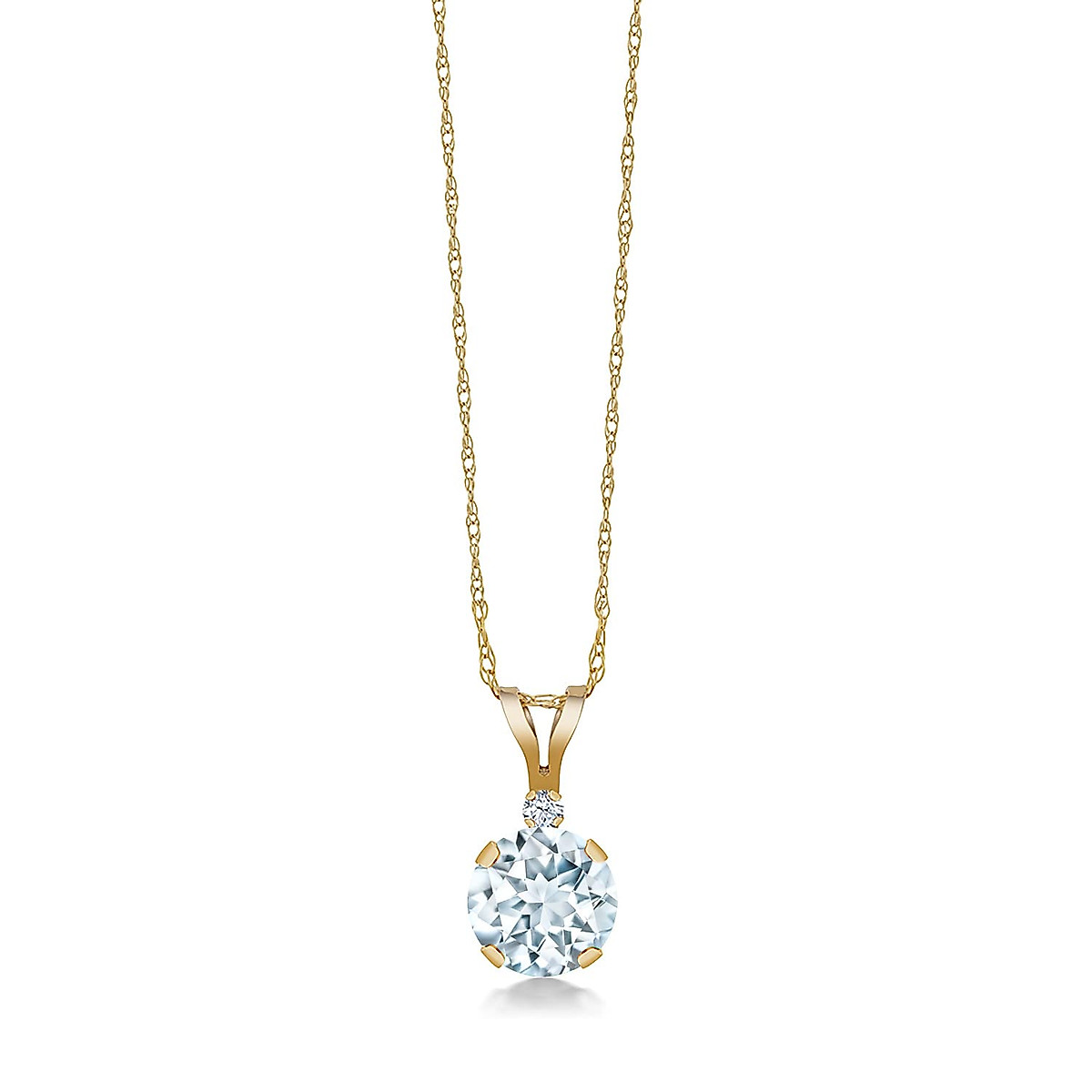Gem Stone King 14K Yellow Gold Sky Blue Aquamarine and White Created Sapphire Pendant Necklace For Women (0.77 Cttw, Round 6MM, with 18 Inch Chain)