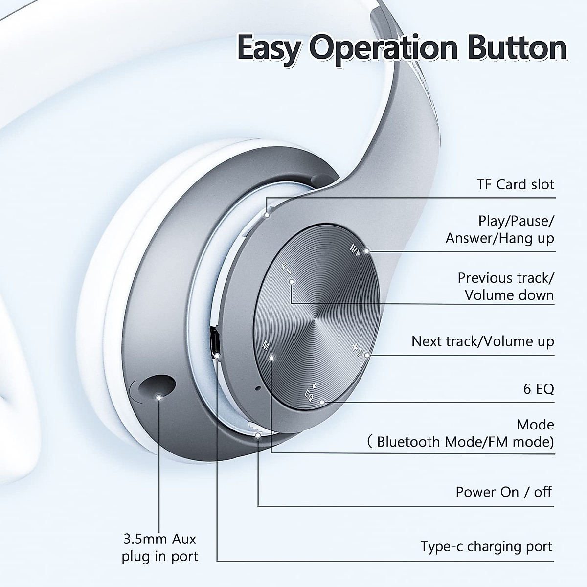 Headphones Wireless Bluetooth,60 Hours Playtime Foldable Lightweight Bluetooth Headphones Wireless Over Ear Wired Hi-Fi Stereo with 6 EQ Modes, Deep Bass Adjustable Headset with Mic, FM, TF for Adults
