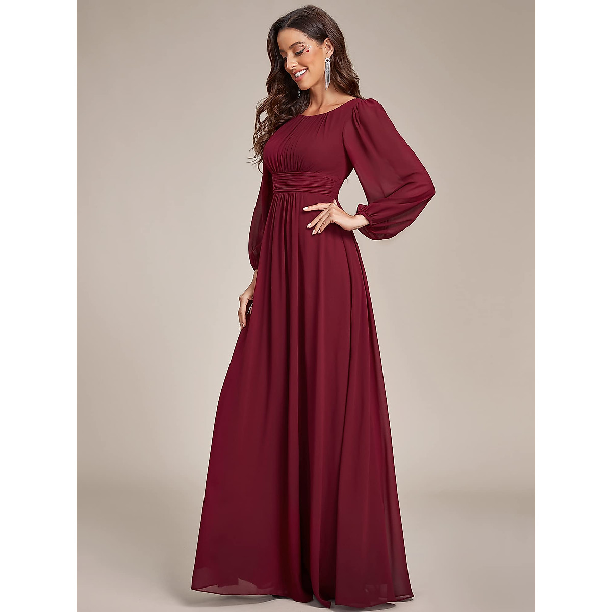 Ever-Pretty Women's Classic A-Line Chiffon Ruched Long Formal Dress with Sleeves Burgundy US10