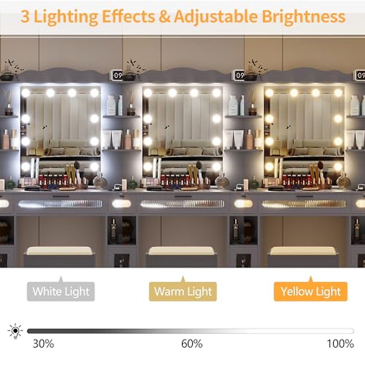 Vlsrka Vanity Desk with Mirror and Lights, 43" Large Makeup Vanity Set with Charging Station, Power Outlets, Vanity Table with Light Bulbs, 3 Colors Lighting Modes, Adjustable Brightness (Grey)
