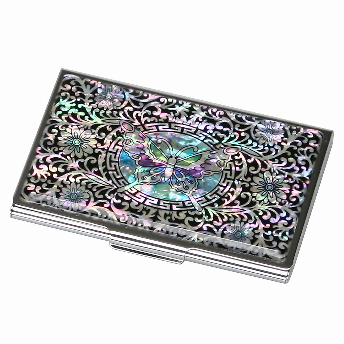 Mother of Pearl Black Business Card Holder Purse Pocket RFID Blocking Protection Credit Id Name Card Holder Case Metal Stainless Steel Slim Money Wallet Butterfly Arabesque Design