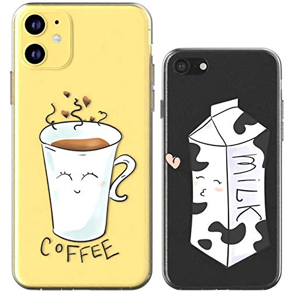 Toik Matching Couple Cases for Apple iPhone 11 Pro Xs Max Xr 10 X 8 Plus 7 6s 5s SE White Kawaii BFFs Milk Print Gift Slim Design Black Clear Lightweight TPU Boyfriend Soulmate Coffee Apple Cute