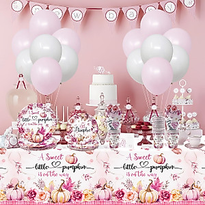Little Pumpkin Baby Shower Decorations Happy Fall a Little Pumpkin Is On The Way Tableware Set Serves 30 Guests with Pink Fall Pumpkin Plates,Napkins and Cups, Plastic Tablecloth for Girl Baby Shower