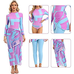 Burkini Swimsuits for Women Muslim Full Coverage Swimsuit Modest Swimwear Long Sleeve One Piece Bathing Suit + Swim Pants + Skirt + Mesh Sarong Coverup Sun Protection Swimming Suit Hot Pink 4PCS S