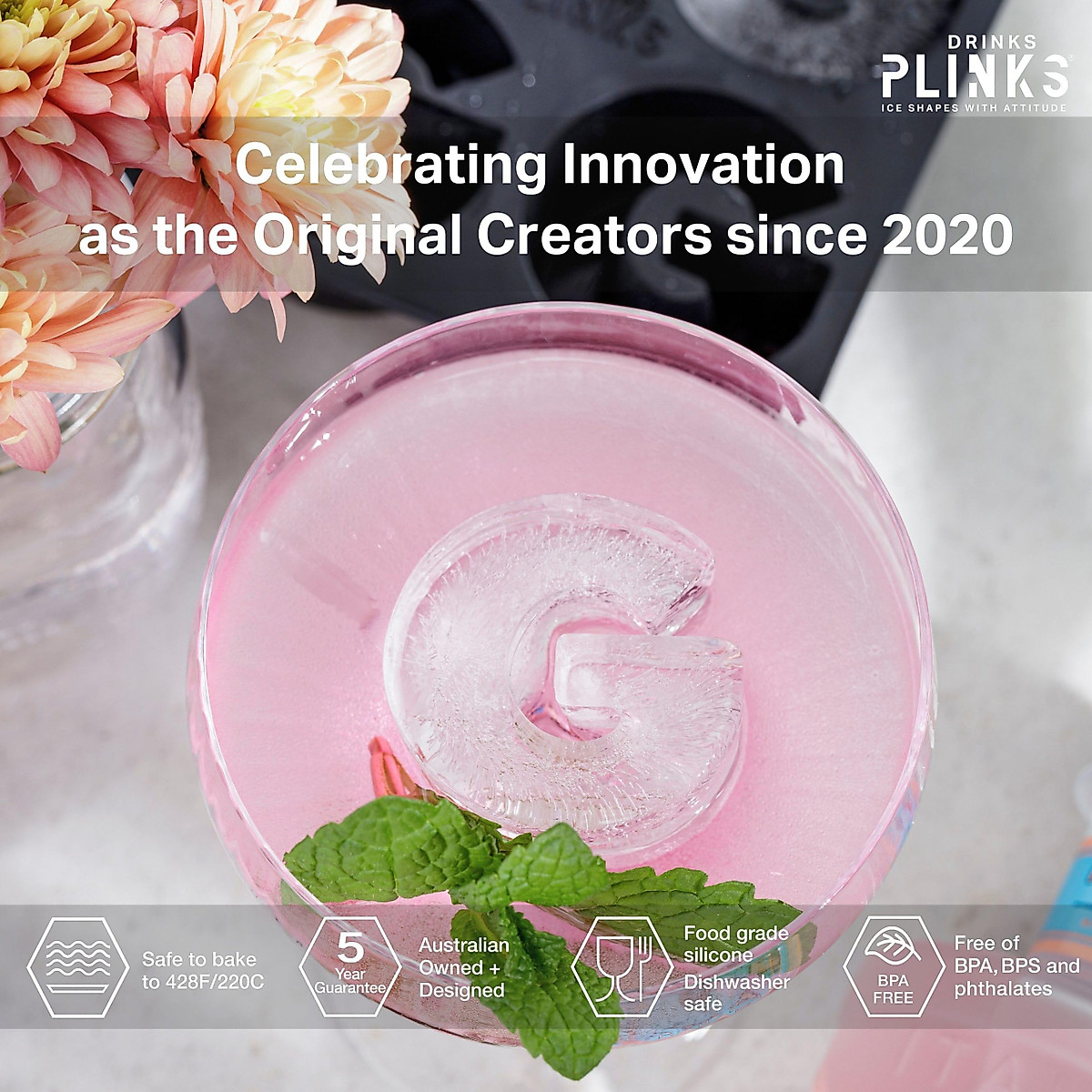 DRINKSPLINKS Silicone Ice Cube Mold Tray - Custom Letter G. Personalized Monogram Big Ice Cube Molds for Gin, Whiskey, Bourbon, Cocktails, Customized Gifts with Initials. Alphabet Mold for Every Name.