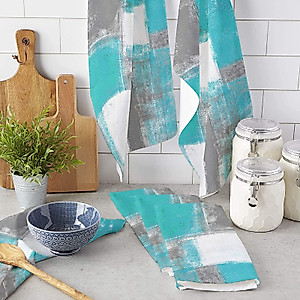 Kitchen Towels Set Abstract Paint Art Graffiti Lattice Tea Towel Microfiber Absorbent Washable Teal Turquoise White Grey Soft Hand Dish Towel Cleaning Cloth for Kitchen Bathroom, 18 x 28 Inch