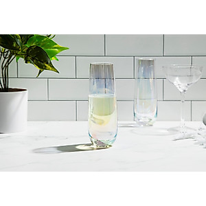 KooK Stemless Iridecent Champagne Flutes, Durable Glass, Great for Mimosa, Cocktails, Toasting Weddings Glasses, 9.4 oz, Set of 8