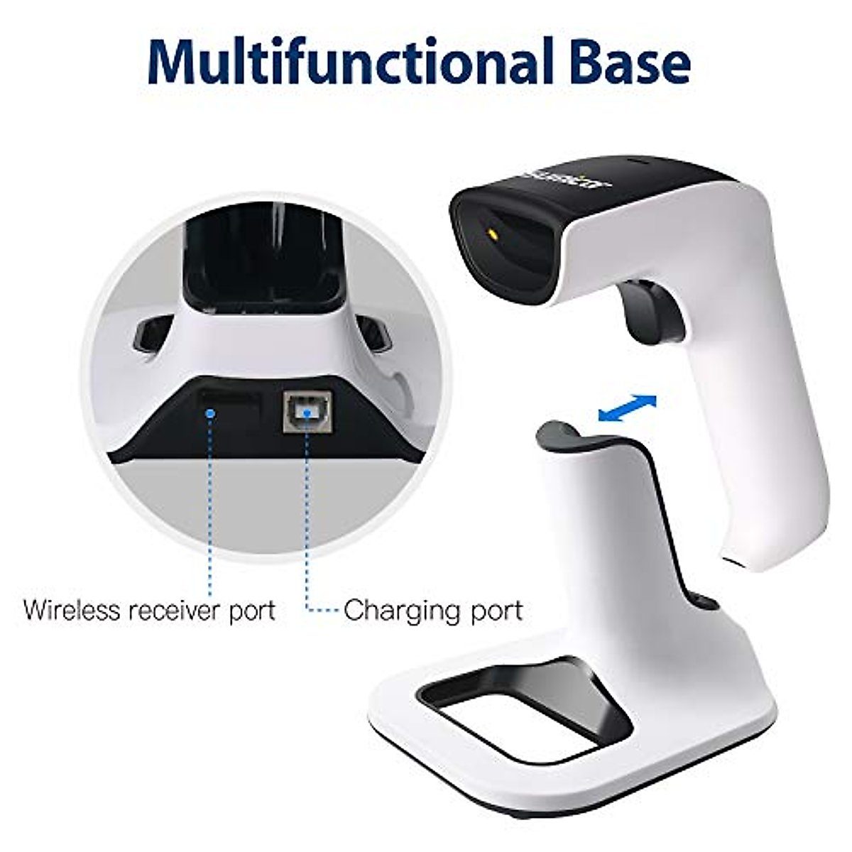 Sumicor 2D Bluetooth Barcode Scanner with Stand, 3 in 1 Compatible with Bluetooth & 2.4GHz Wireless & Wired Connection, USB Image Cordless QR Code Scanner for Smart Phone Tablet PC