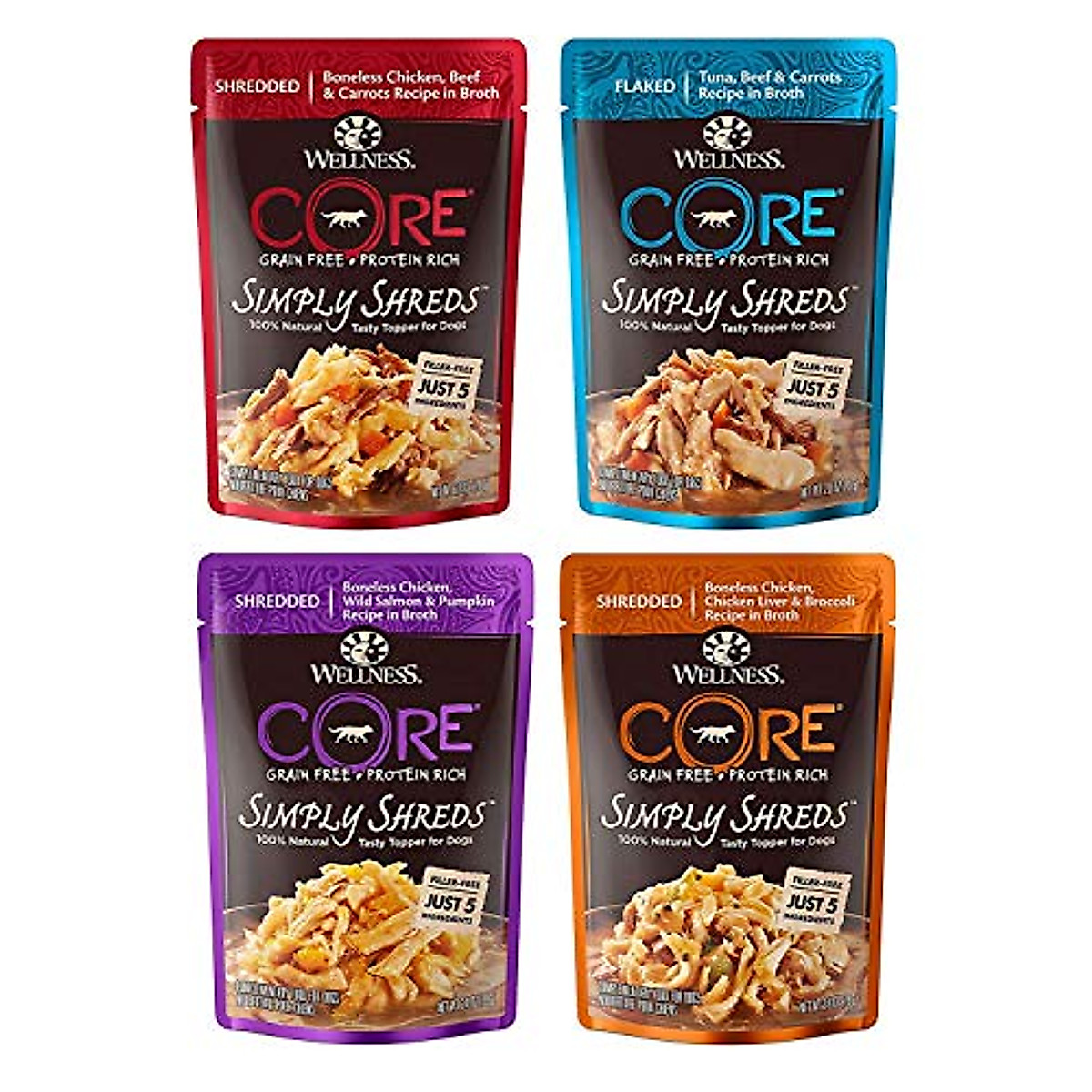 Wellness CORE Simply Shreds Natural Grain Free Wet Dog Food Toppers Variety Pack, 4 Flavors, 2.8 ounce Each (12 Total Pouches)