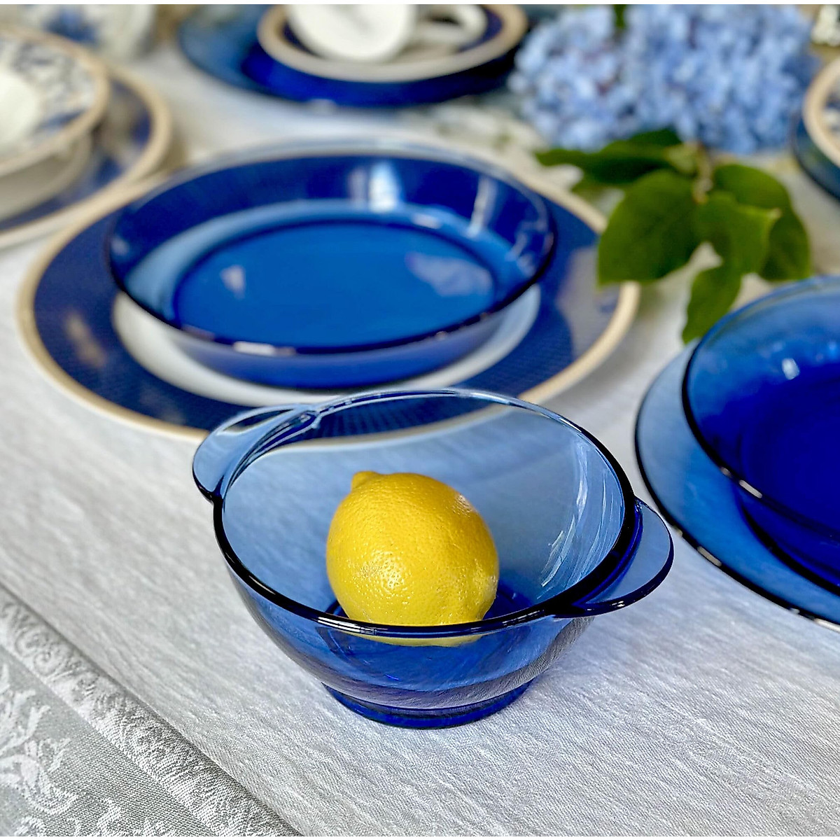 STP GOODS Glass Dinner Plates - Set of 4, Blue Cobalt Transparent Glass Eating Plates, Circular Glass Dinnerware for Salad, Bread, Dinner (15 Oz Glass Dessert Cup Set, Set of 4)